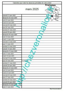 Calendrier mois de mars 2025 - Chez Veronalice