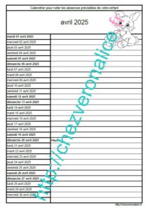 Calendrier du mois d'avril 2025 - Chez Veronalice