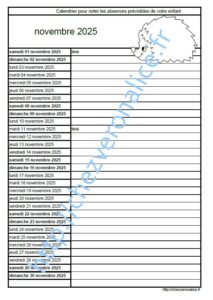 Calendrier du mois de novembre 2025 - Chez Veronalice
