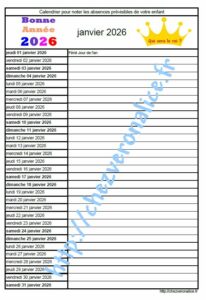 Calendrier du mois de janvier 2026 - Chez Veronalice